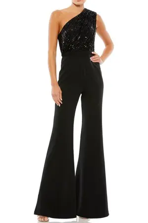 Mac Duggal Sequined One Shoulder Bell-bottom Jumpsuit