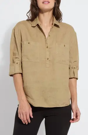 Lyssé Rose Roll Tab Linen Utility Shirt - Olive Tint