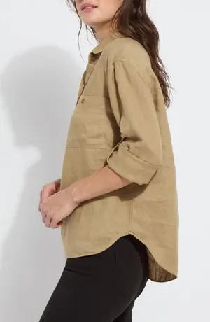 Lyssé Rose Roll Tab Linen Utility Shirt - Olive Tint
