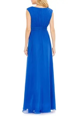 Mac Duggal Pleated Bateau A-line Gown With Cap Sleeves
