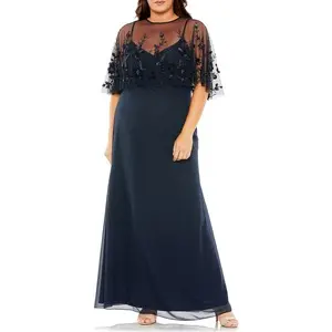 Mac Duggal Hand-embellished Cape Chiffon Gown - Midnight