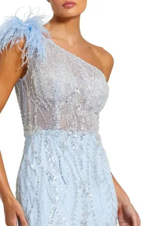 Mac Duggal Feathered One-shoulder Gown