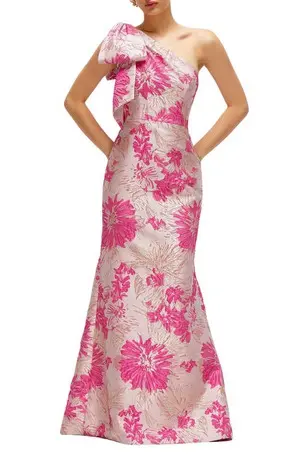 Alfred Sung One-shoulder Floral Jacquard Trumpet Gown - Pink Multi