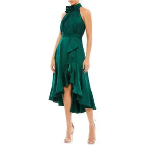 Mac Duggal Halter Neck Ruffled Midi Dress With Flower Detail - Emerald