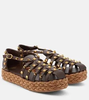 Valentino Garavani Rockstud Leather Espadrilles Brown