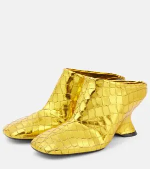 Dries Van Noten Croc-effect Leather Wedge Mules - Gold