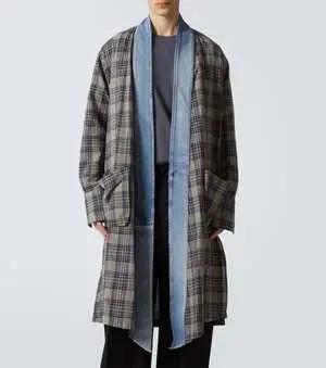 GREG LAUREN Plaid Cotton Coat With Denim Trim