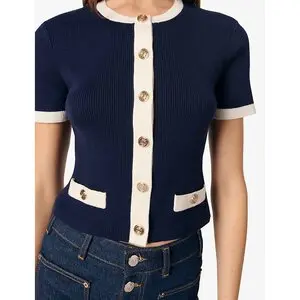 Maje Contrast-trim Knitted Cardigan - Bleus
