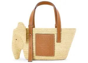 Loewe Elephant Basket Bag In Raffia And Calfskin - Natural/tan
