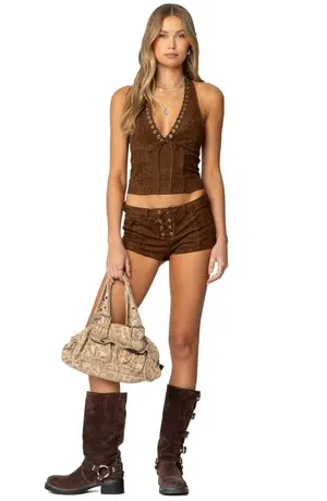 EDIKTED Sloane Faux Suede Halter Top - Brown