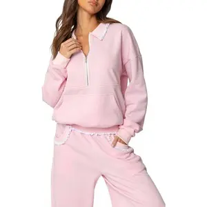 EDIKTED Ashtin Ruffle Trim Half Zip Sweatshirt - Light-pink