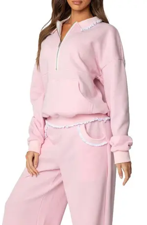 EDIKTED Ashtin Ruffle Trim Half Zip Sweatshirt - Light-pink