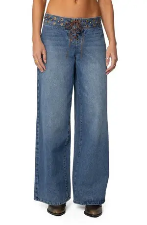 EDIKTED Stud And Grommet Wide Leg Jeans