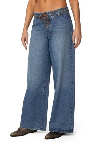 EDIKTED Stud And Grommet Wide Leg Jeans