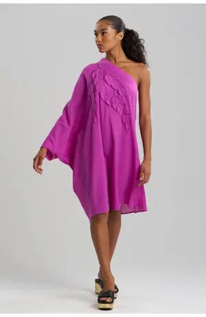 Natori Cotton Gauze One Shoulder Cover-up Dress With Applique - Magenta
