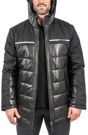 MACEOO Mixed Media Leather Quilted Bomber Jacket - Black