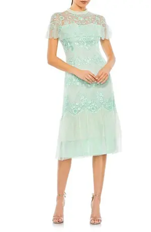 Mac Duggal Embroidered Ruffled Cap Sleeve Midi Dress - Mint
