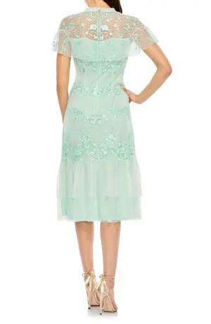 Mac Duggal Embroidered Ruffled Cap Sleeve Midi Dress