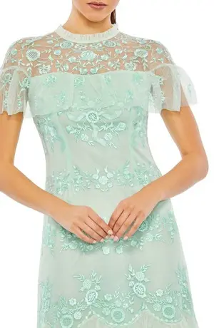 Mac Duggal Embroidered Ruffled Cap Sleeve Midi Dress