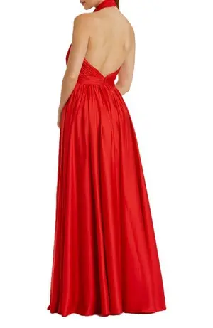 Mac Duggal Soft Tie Halter Neck High Slit Gown - Cherry