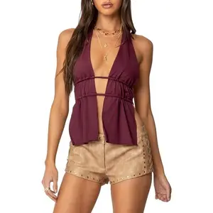 EDIKTED Nikole Split Front Halter Top - Burgundy