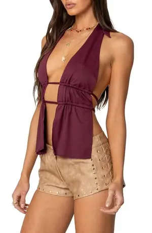 EDIKTED Nikole Split Front Halter Top - Burgundy