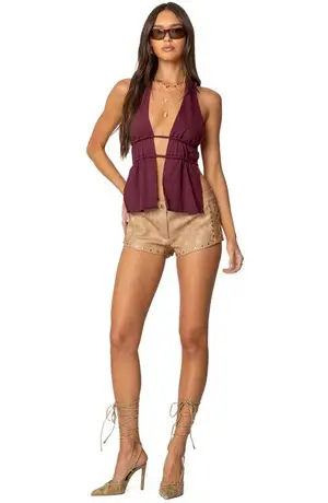 EDIKTED Nikole Split Front Halter Top - Burgundy