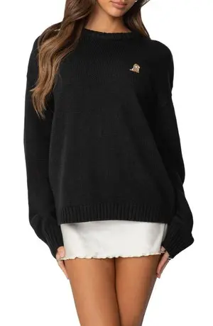 EDIKTED Puppy Love Embroidered Sweater - Black