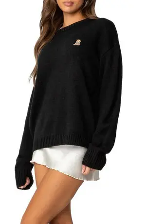 EDIKTED Puppy Love Embroidered Sweater - Black