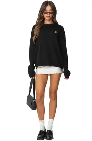 EDIKTED Puppy Love Embroidered Sweater - Black