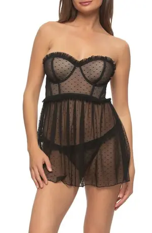 BLACK BOW Margot Open Back Point D'esprit Babydoll Chemise & Thong Set - Black