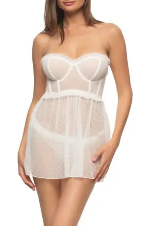 BLACK BOW Margot Open Back Point D'esprit Babydoll Chemise & Thong Set - Cloud Dancer