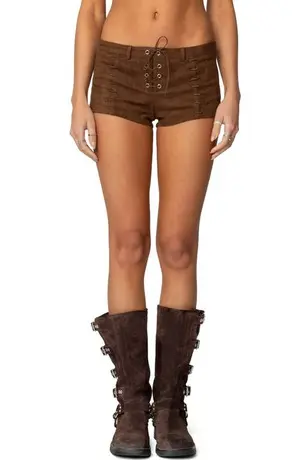 EDIKTED Sloane Faux Suede Micro Shorts - Brown