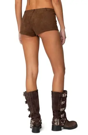 EDIKTED Sloane Faux Suede Micro Shorts - Brown
