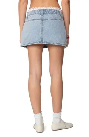 EDIKTED Floral Lace Trim Denim Miniskirt