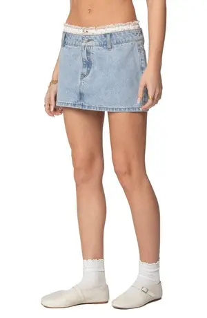 EDIKTED Floral Lace Trim Denim Miniskirt