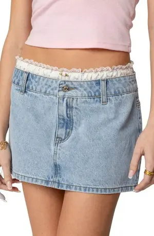 EDIKTED Floral Lace Trim Denim Miniskirt