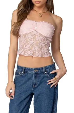EDIKTED Odilia Strapless Lace Crop Top - Light-pink