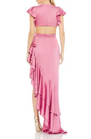 Mac Duggal Flutter Sleeve Asymmetrical Ruffled Gown