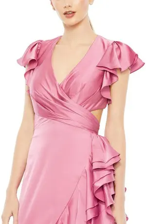 Mac Duggal Flutter Sleeve Asymmetrical Ruffled Gown