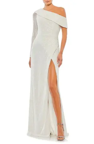 Mac Duggal Sequin Drop Shoulder Faux Wrap Gown - White