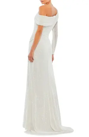 Mac Duggal Sequin Drop Shoulder Faux Wrap Gown - White