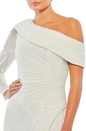 Mac Duggal Sequin Drop Shoulder Faux Wrap Gown - White