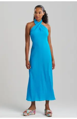 Natori Cotton Gauze Maxi Cover-up Halter Dress - Blue