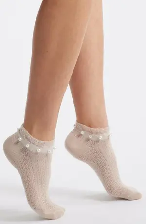 STEMS Faux Pearl Pointelle Ankle Socks - Beige