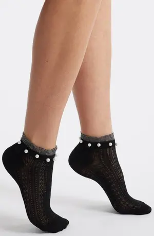 STEMS Stems Faux Pearl Pointelle Ankle Socks Black