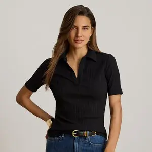 Ralph Lauren Rib-knit Elbow-sleeve Polo Tee - Black