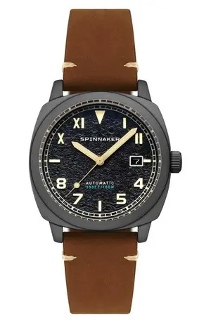 SPINNAKER Hull California Automatic Leather Strap Watch - Black