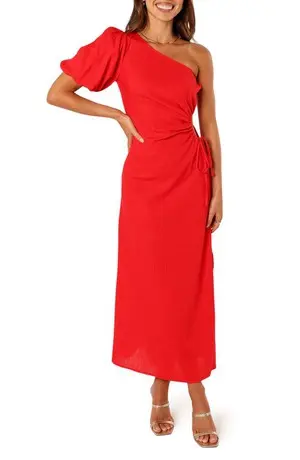 PETAL & PUP Cutout Puff Sleeve One-shoulder Maxi Dress - Red