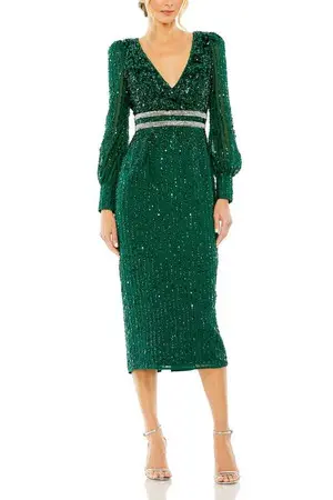 Mac Duggal Sequined V-neck Bishop Sleeve Dress - Emerald